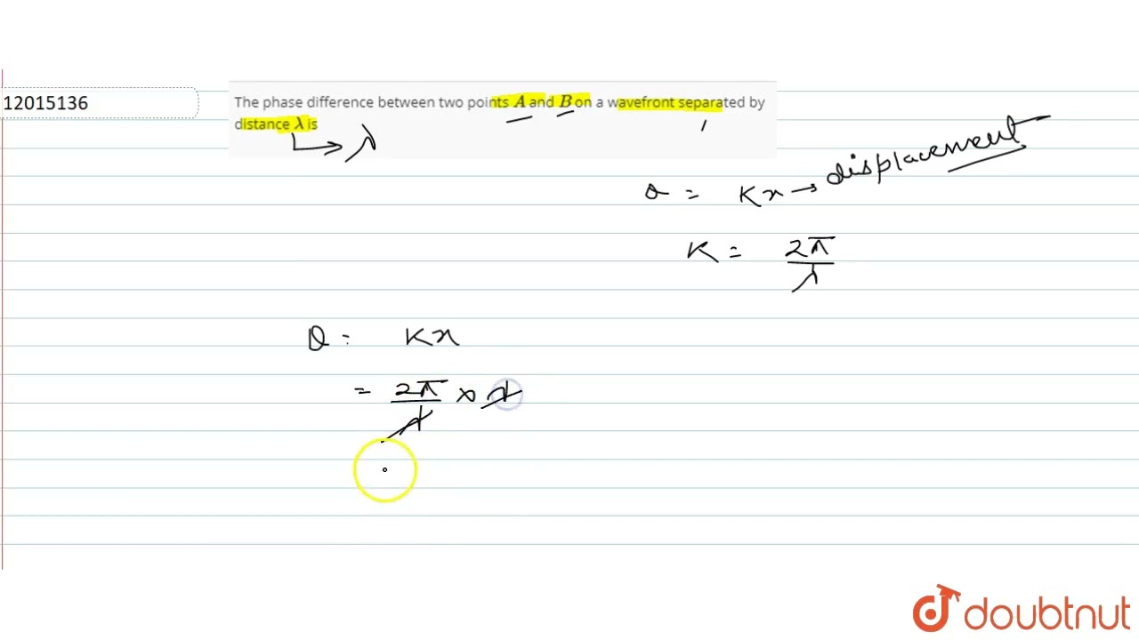 The phase difference between two points A and B on a wavefront ...