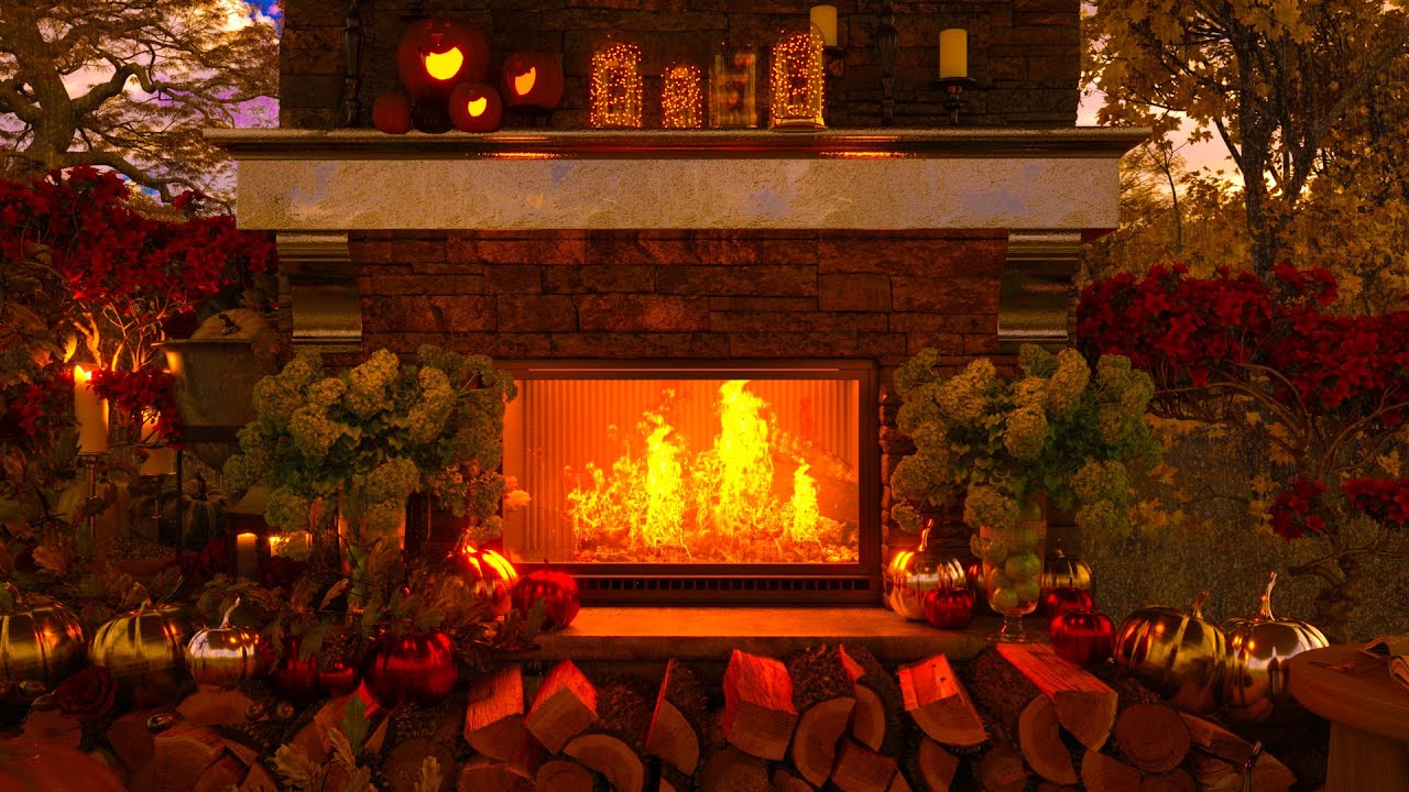 Autumn Halloween Fireplace With Pumpkin, Crackling Fire, Fire Burning ...