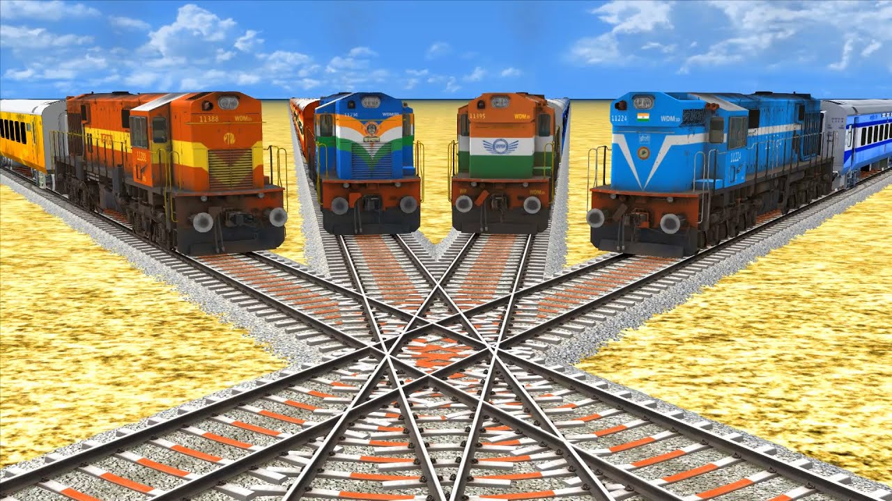 4 Colorful DIESEL TRAINS Crossing On Four Criss-Cross Railroad Crossing ...