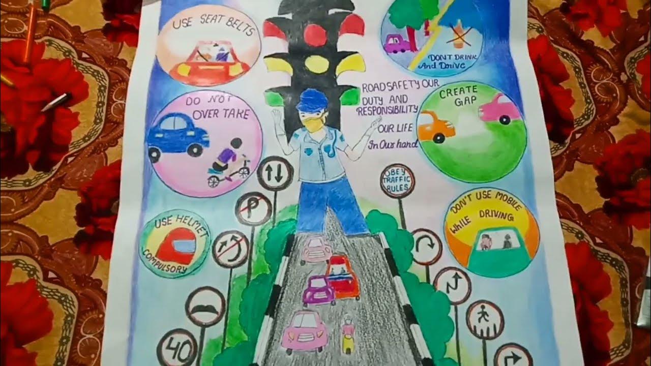 How to draw road safety drawing#viral#trafficpolice#trafficrules - YouTube