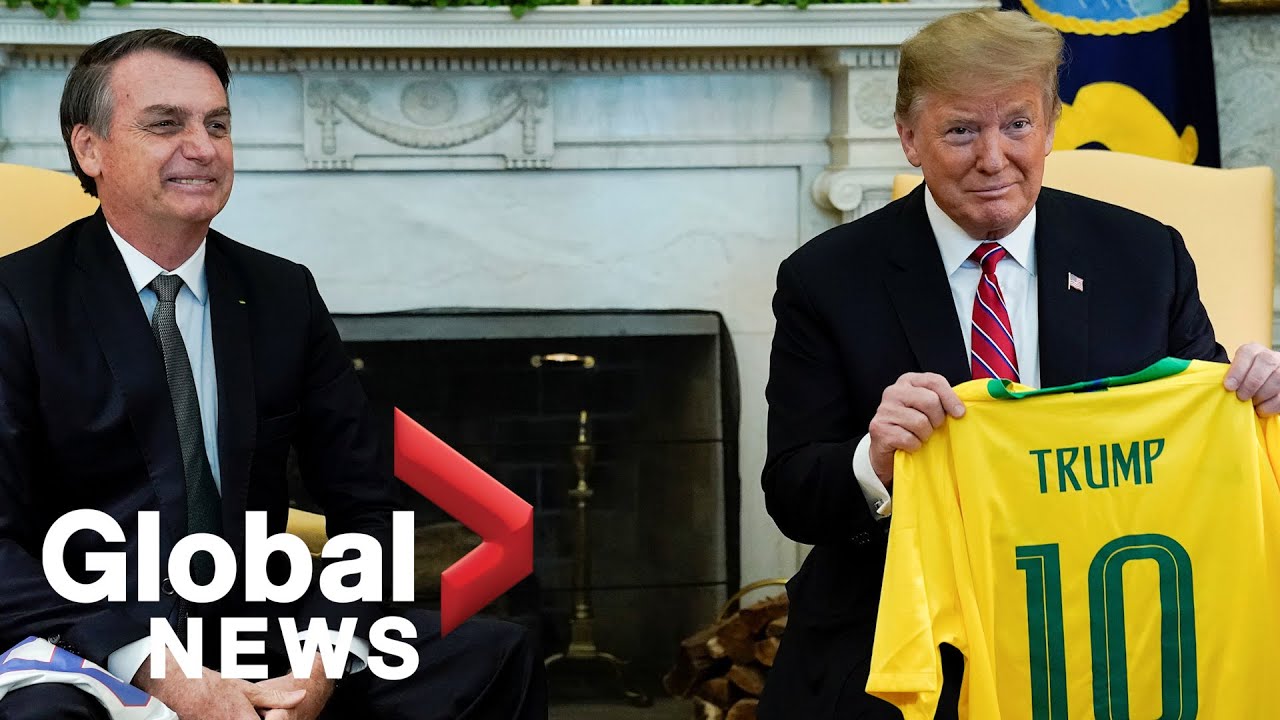 Trump, Bolsonaro exchange national soccer team jerseys - YouTube
