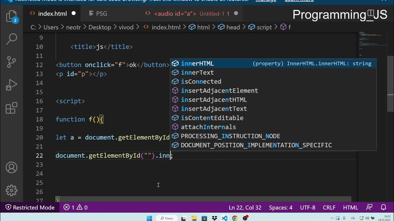 как вывести текст при нажатии на кнопку на Javascript Youtube
