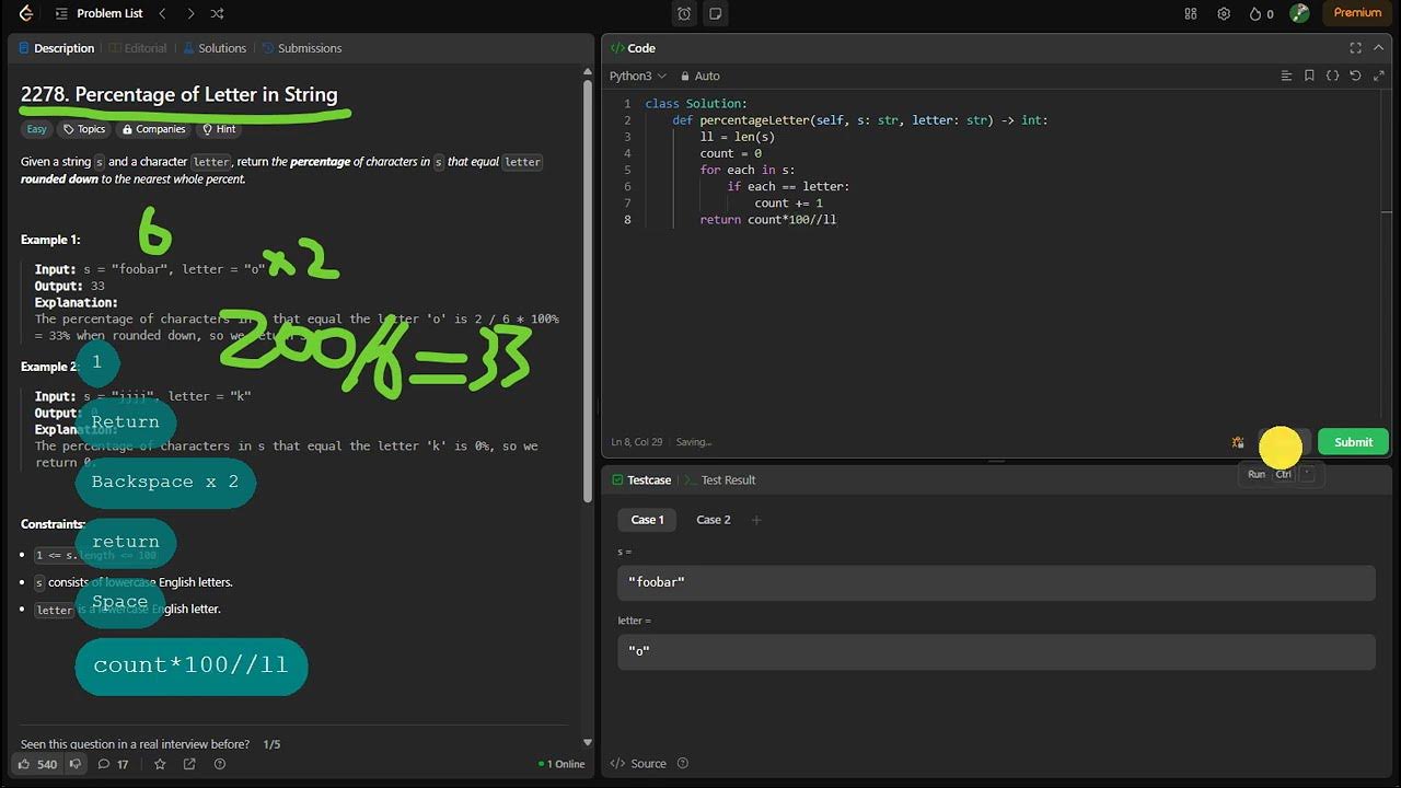 Leetcode easy problem 2278. Percentage of Letter in String | devops python practice - YouTube