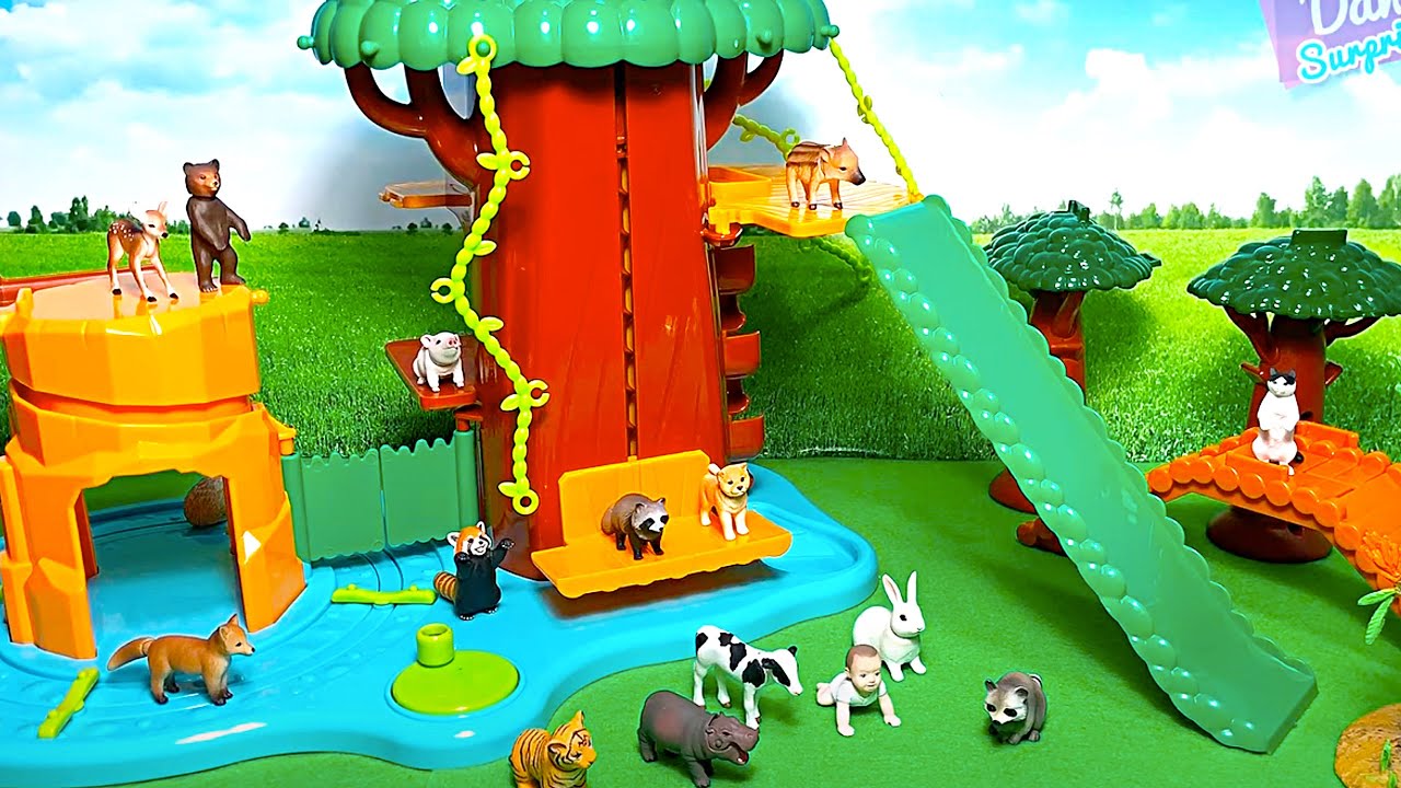 Farm Animals Treehouse Playset - Cow, Rabbit, Cat, Bear, Deer, Dog ...