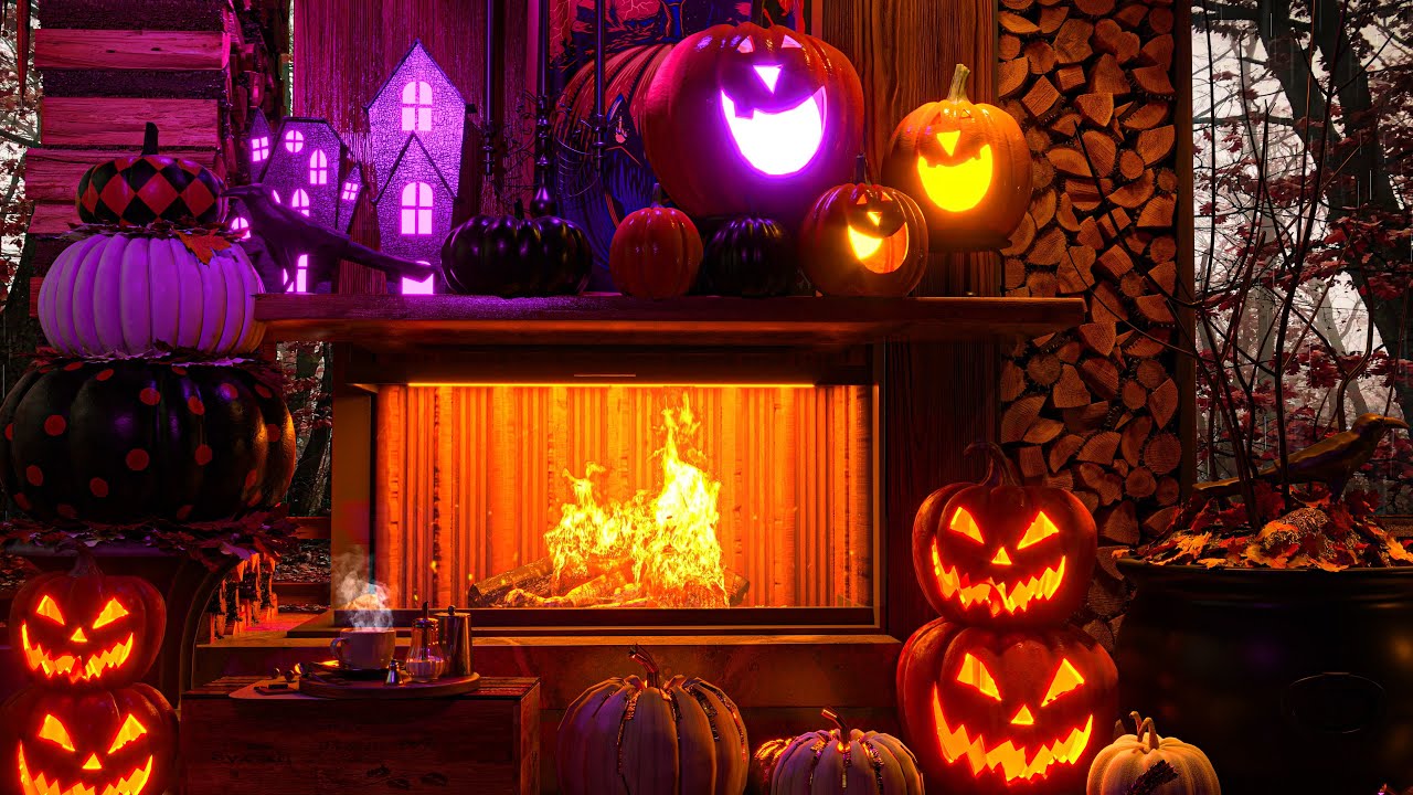 🍁 Cozy Autumn Halloween Fireplace Ambience 🍂 Fireplace Crackling Sounds ...