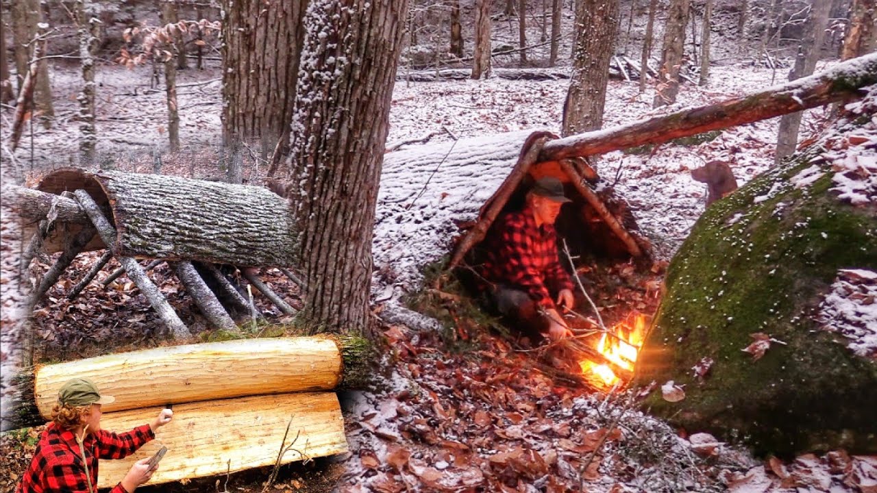 WINTER BUSHCRAFT BUILD NATURAL PRIMITIVE BARK ROOF SHELTER ALONE ...