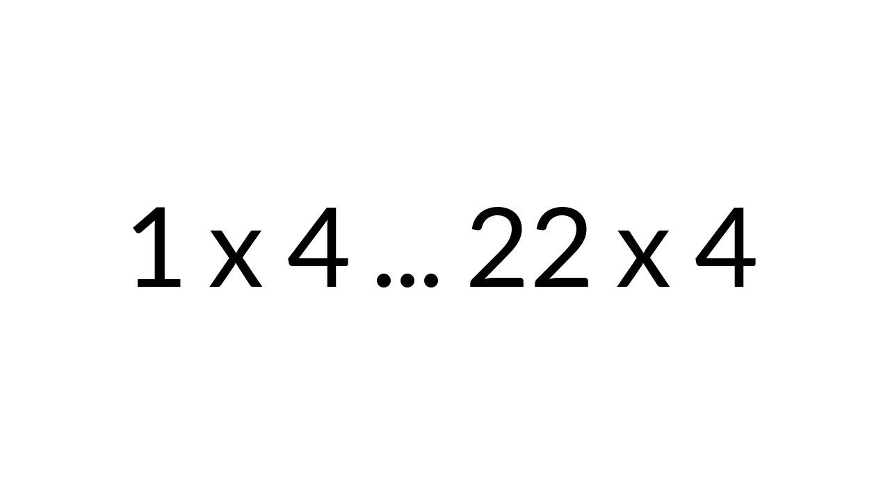 Multiplication Table times 4, from 1 x 4 to 22 x 4, in order, silent ...