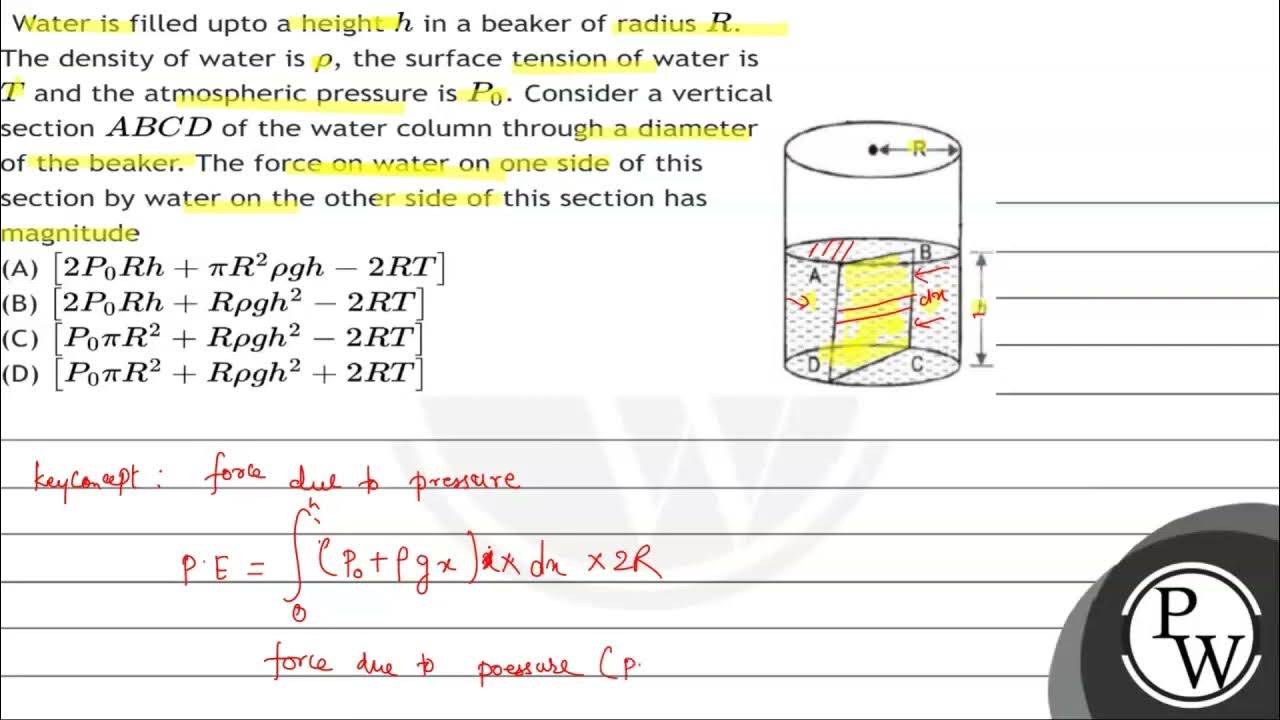 Water is filled upto a height \( h \) in a beaker of radius \( R \). The density of water is ...