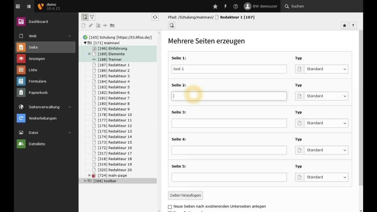 TYPO3 10.4 - Mehrere Seiten gleichzeitig anlegen - YouTube