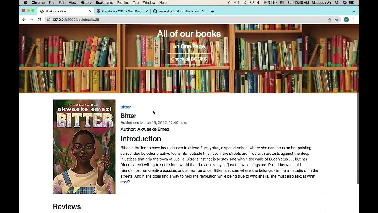 Cs50 final project capstone - django - html css javascript book review - YouTube