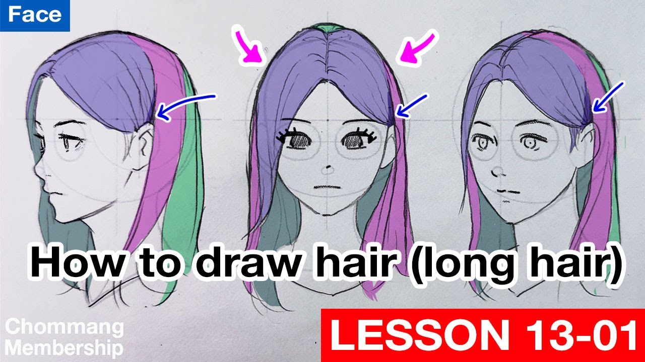 13-01 How to draw hair (long straight hair) - YouTube