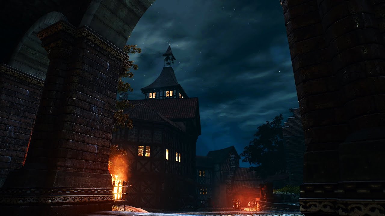 Fantasy Medieval City at Night & Crackling Fire Ambience | Storm Sounds ...