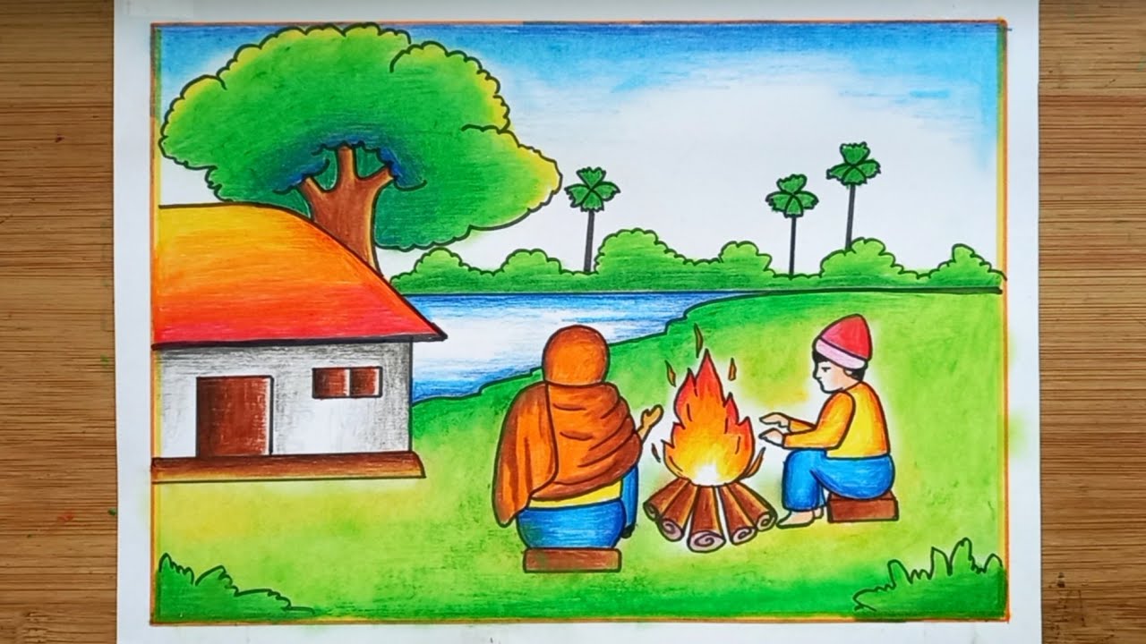 Winter Season Drawing/Winter Season Scenery In Village Drawing/How To ...