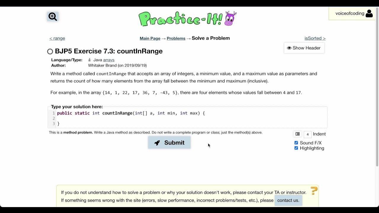 Exercise 7.3 (countInRange) Java Tutorial || Practice-It - YouTube
