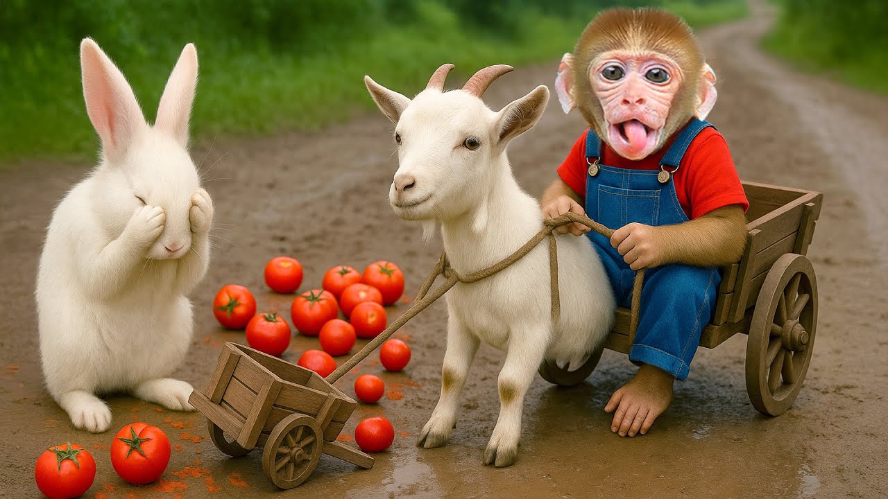 Monkey Happy drives goat cart spilling tomatoes with bunny friend ...