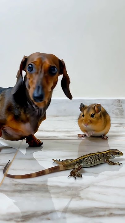 "Curious Duo! 🧐 Dachshund & Guinea Pig Observe a Lizard in the White ...