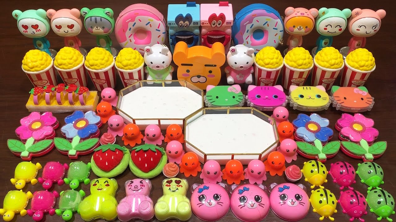 HAPPY BEAR SLIME - Mixing Random Things Into Glossy Slime ! Satisfying ...