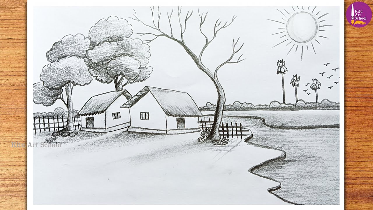 Scenery Drawing Tutorial💚💛🧡| Village landscape Scenery Art | Pencil ...