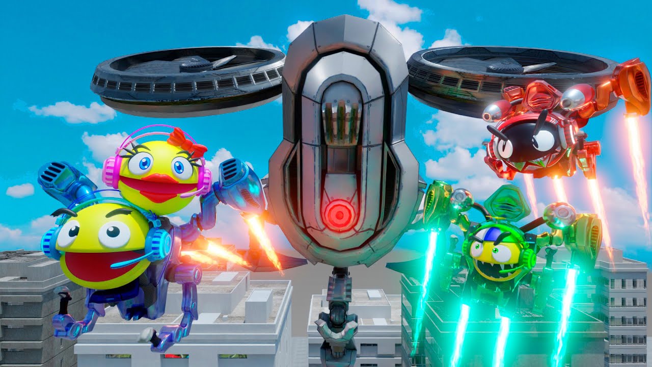 PACMAN & MS PACMAN VS BUSTER DRONE ROBOT - YouTube