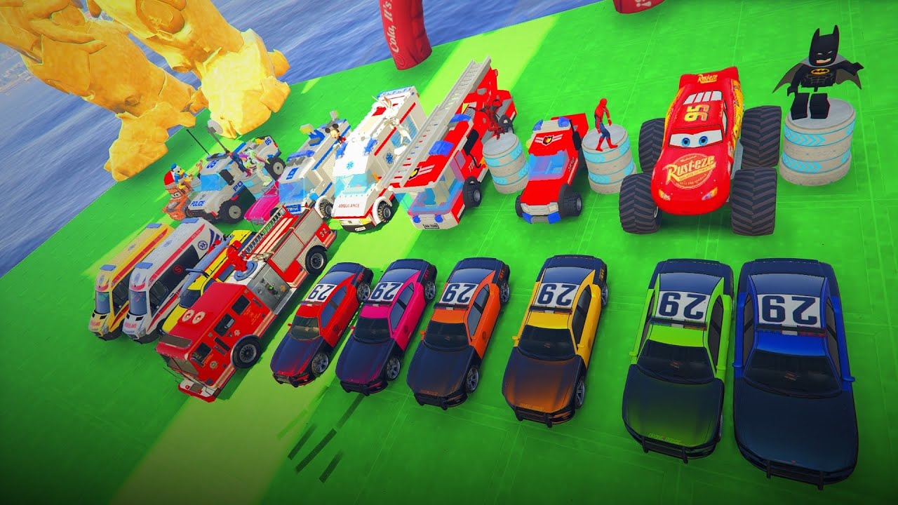 GTA V LEGO POLICE CARS, AMBULANCE, FIRE TRUCK WITH SPIDERMAN AND ...