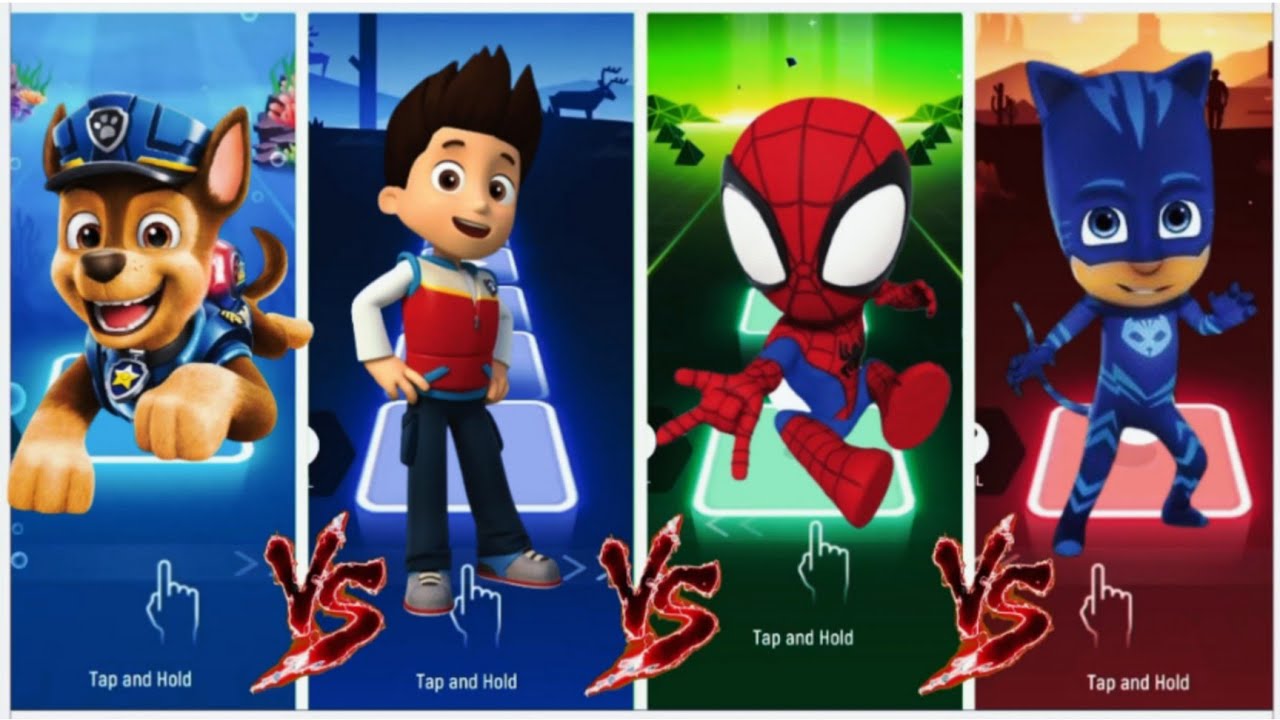 PAW Patrol Chase 🆚 PJ Masks 🆚 Spidey 🆚 Ryder 🎶Tiles Hop EDM Rush - YouTube