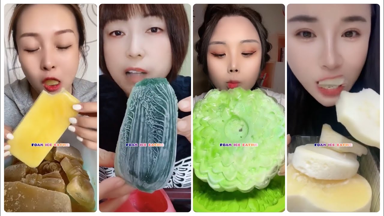 [ASMR] 56- COLORED FOAM ICE EATING 💚💙 & COLORFUL ICE EATING & FLUFFY ...