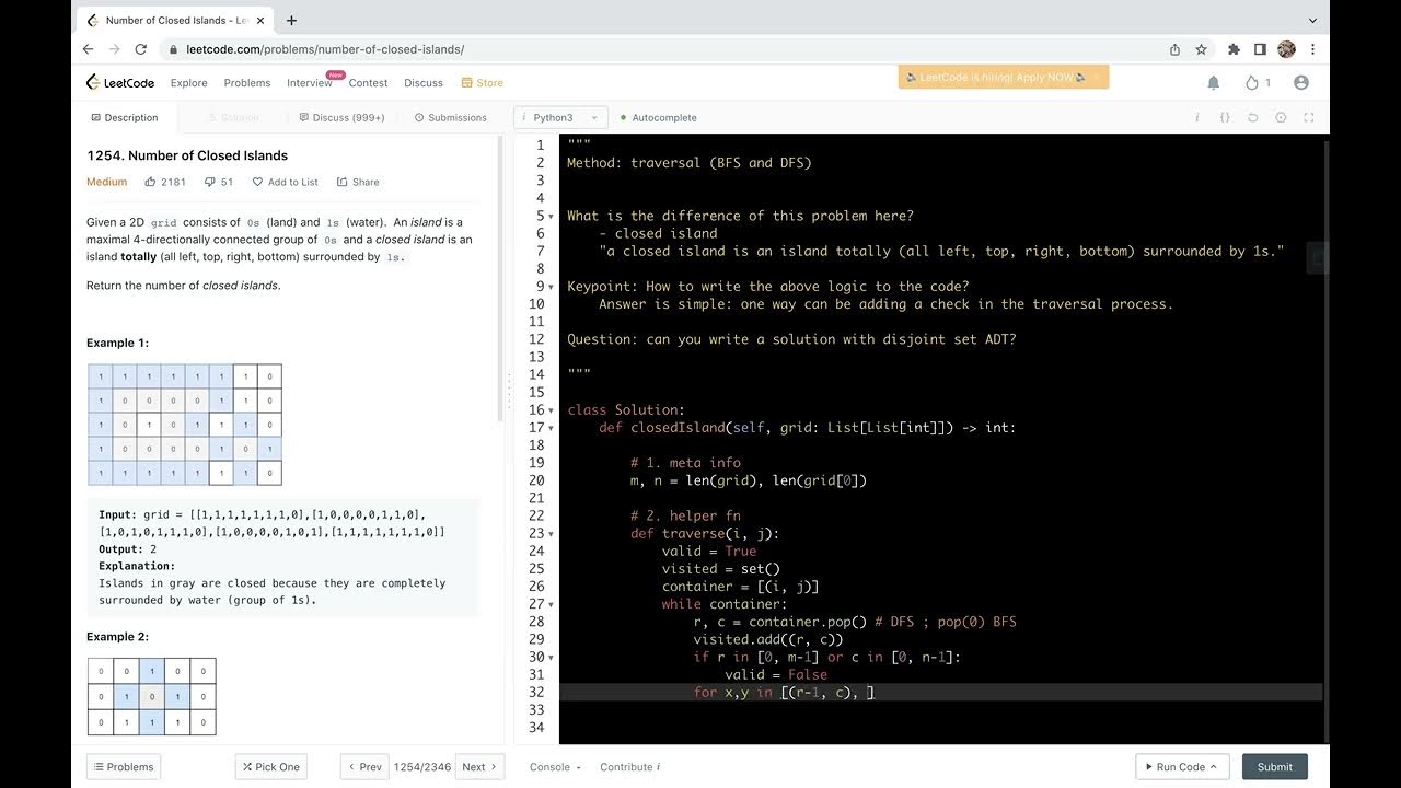 Leetcode 1254. Number of Closed Islands - traversal (BFS and DFS solutions) with flag check ...