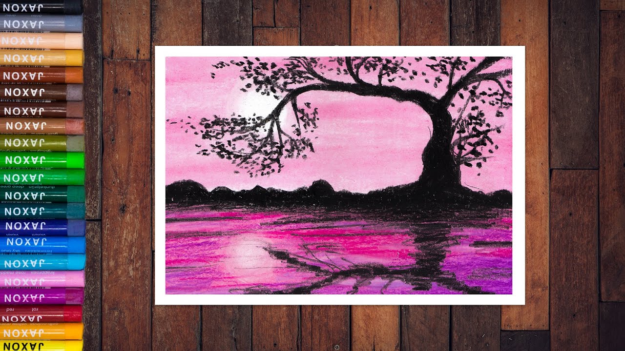 How to Draw a Pinkish Moonlit Night With a Big Tree Step By Step - YouTube