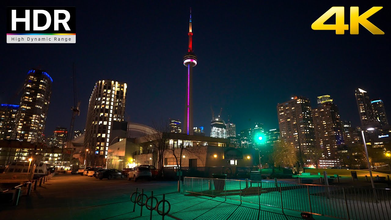 Walking Toronto's Queens Quay to HTO Park at Dusk | CN Tower at Night ...