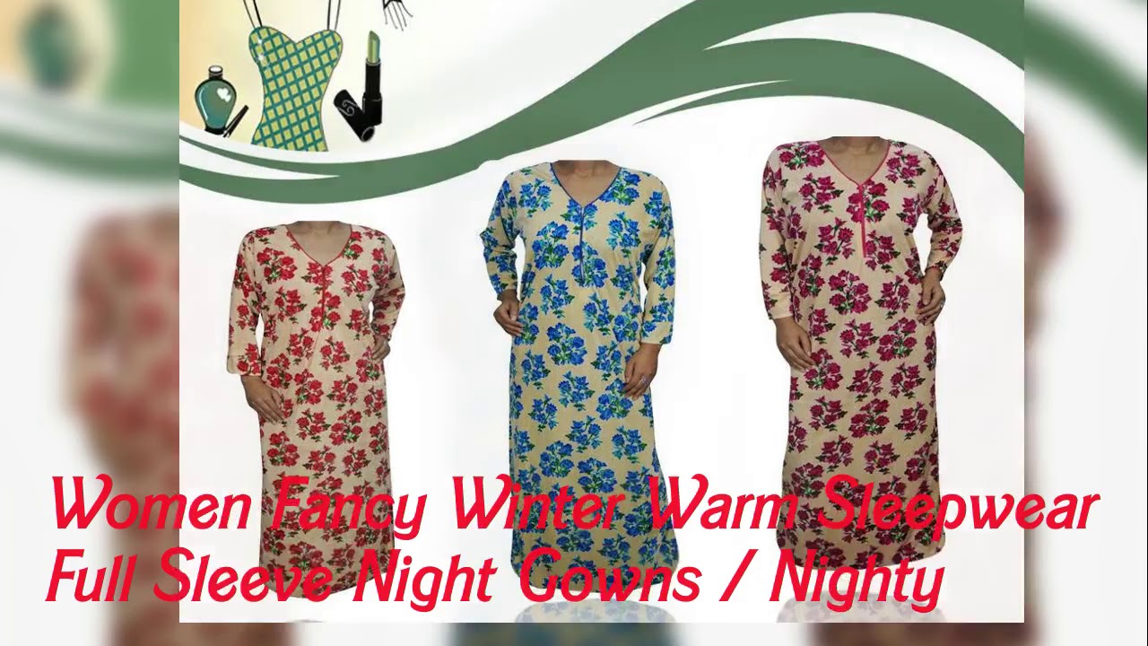 Women Fancy Winter Warm Sleepwear Full Sleeve Night Gowns / Nighty ...