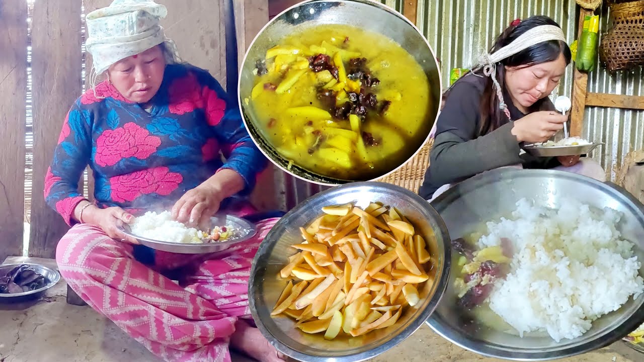laxmi cooking potato buff curry and rice in the village ...