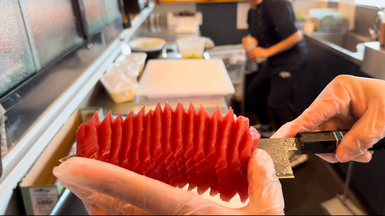 How to cut tuna block for sushi , nigiri and sashimi - YouTube
