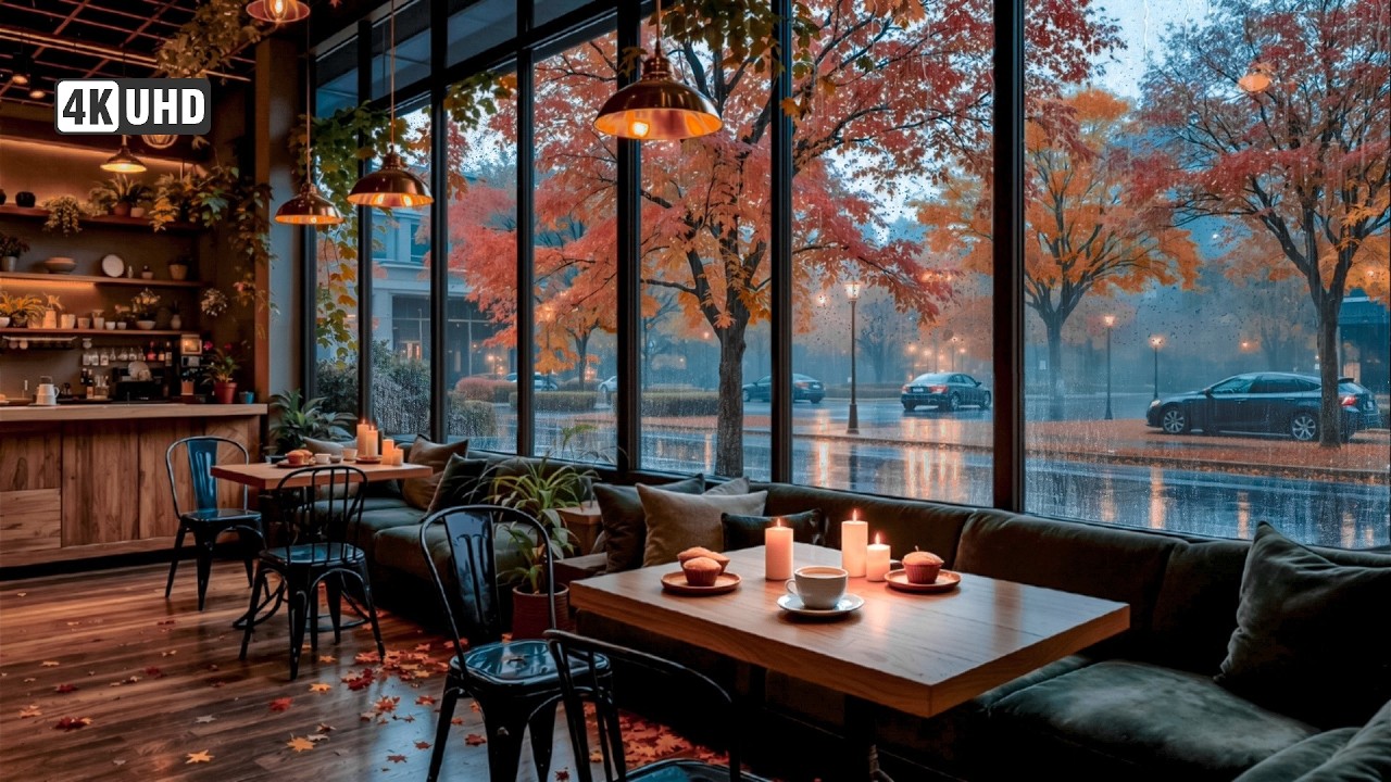 Cozy Autumn Rainy Café 🌧️ Relaxing Jazz & Warm Coffee Shop Ambience for ...