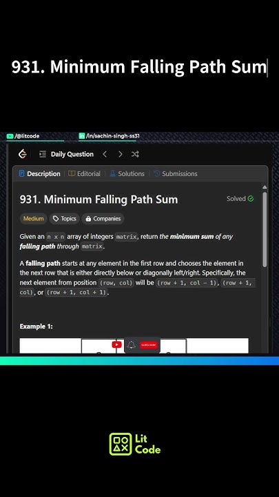 Leetcode 931. Minimum Falling Path Sum #shorts #python #leetcode #coding - YouTube
