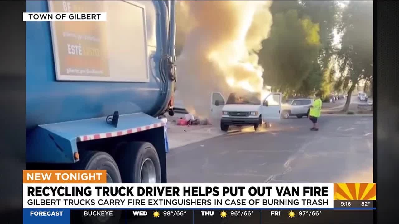 Recycling collector for Gilbert help puts out van fire - YouTube