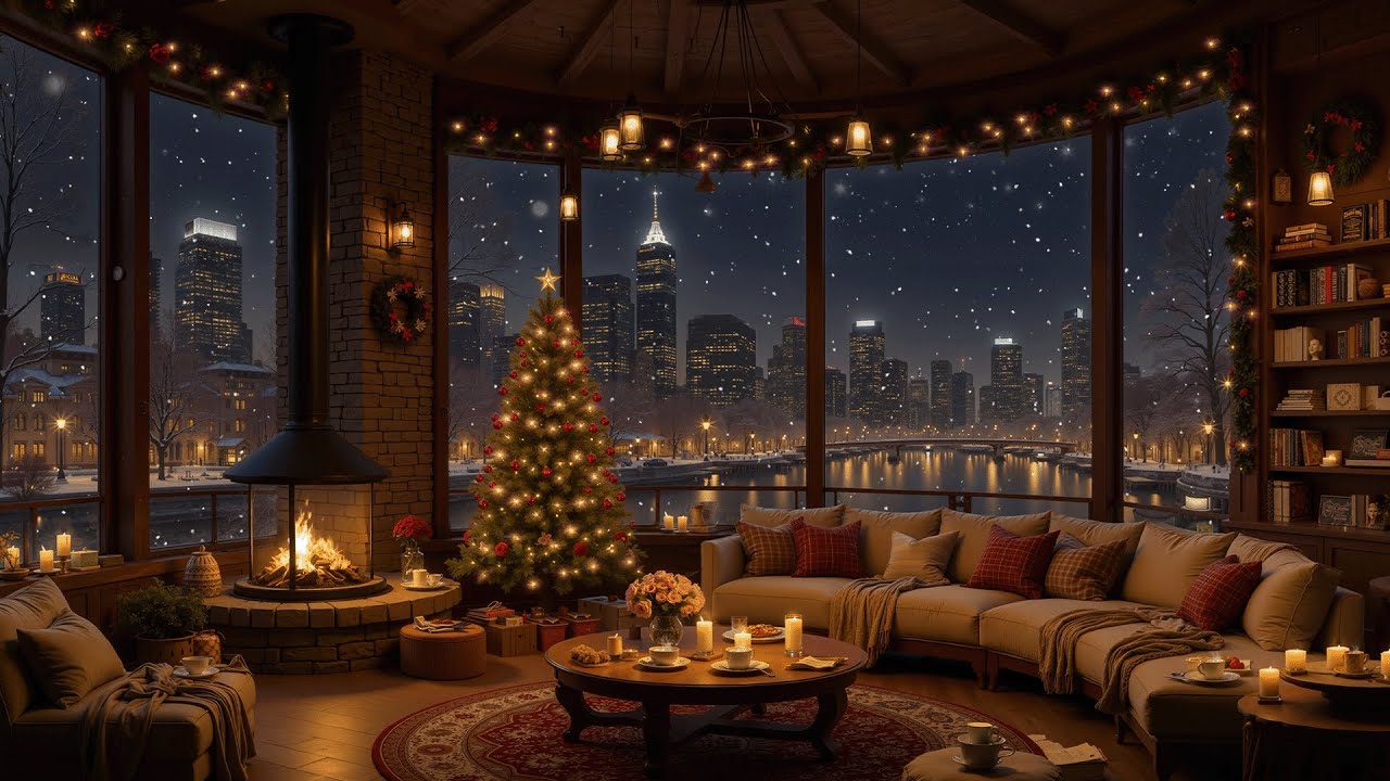 A Quiet Christmas Night in the City 🎄 Warm Fireplace & Gentle Jazz for ...