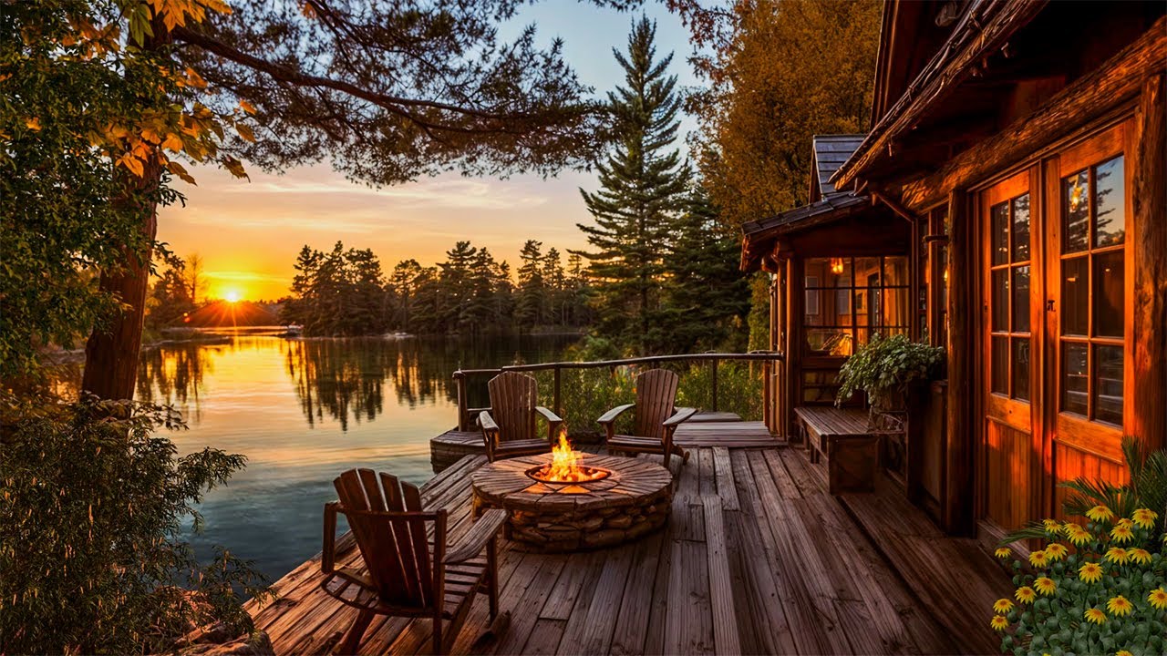 Sunset Escape | Peaceful River Cabin Porch Ambience with Campfire ...