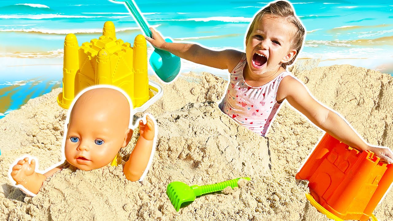Kids play dolls in sand & swimming pool. Baby born doll feeding with ...