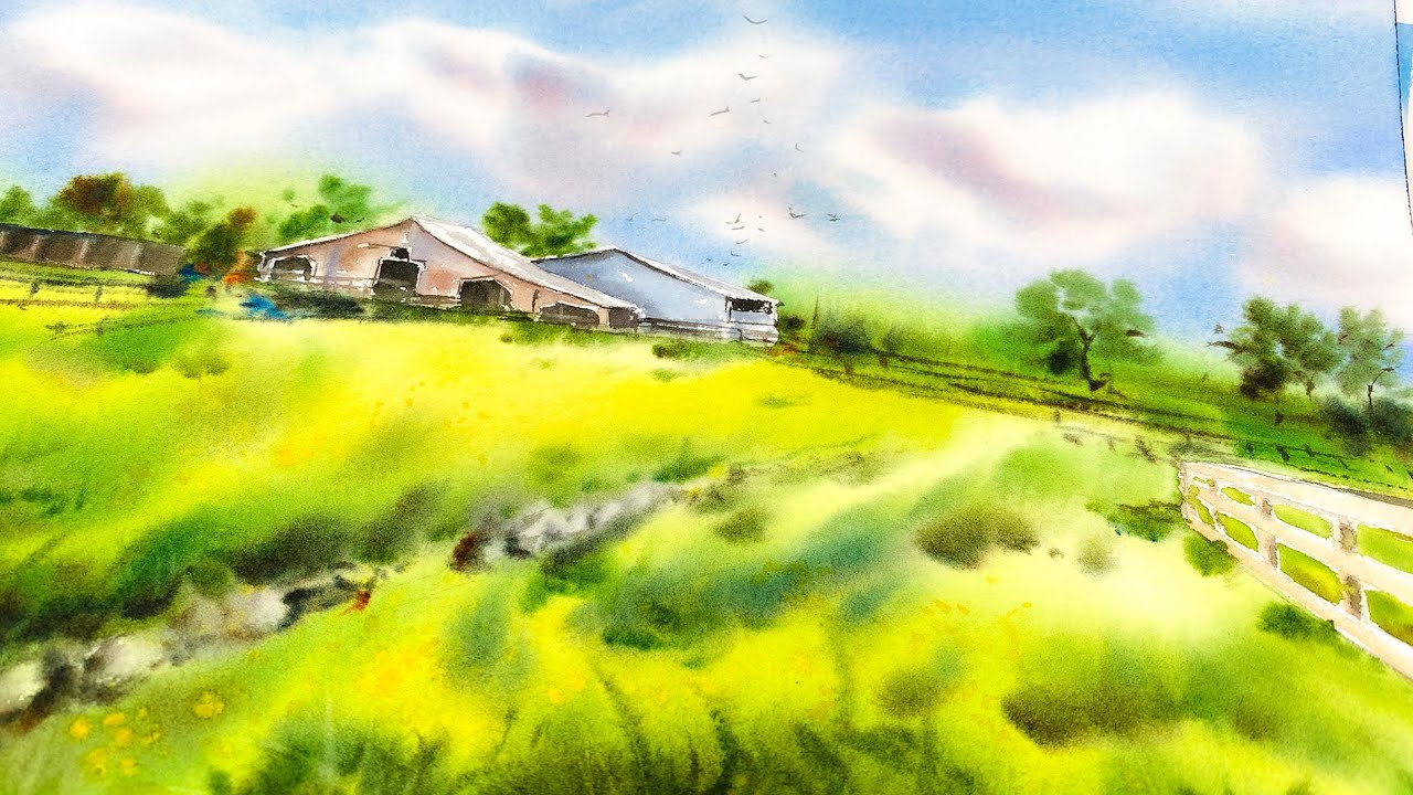 Painting a Peaceful Farm Scene in Watercolors #watercolorlandscape ...