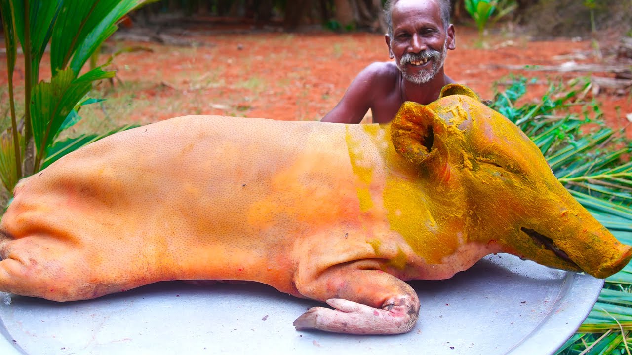 GIANT PORK ROAST RECIPE | கிராமத்து பன்றி கறி வறுவல் | Cutting and ...