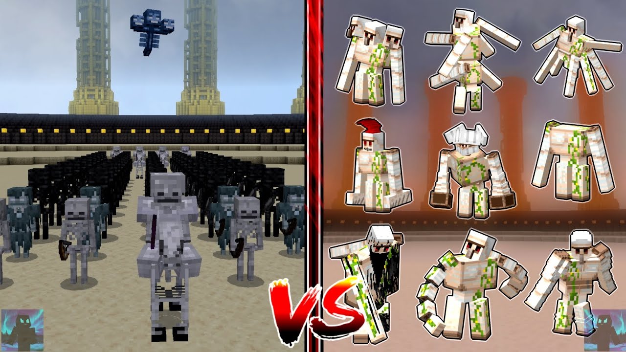 Enchanted SKELETON army vs ALL GOLEM | Minecraft PE Mob Battle - YouTube