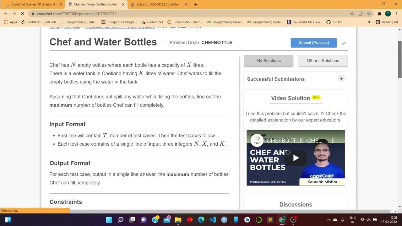 Codechef Solution Chef and Water Bottles Problem Code: CHEFBOTTLE - YouTube
