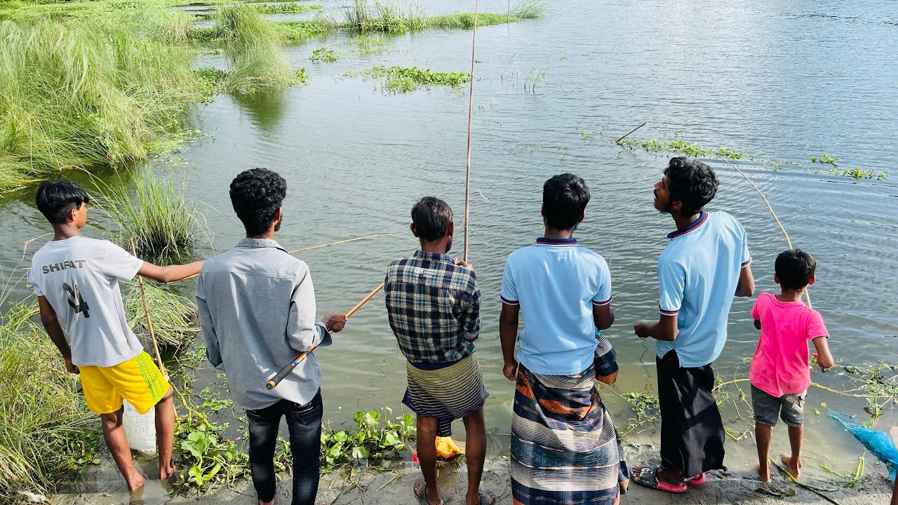 গ্রামের ছোট বড় সবাই মিলে বরশি দিয়ে মাছ ধরা Everyone in the village is ...