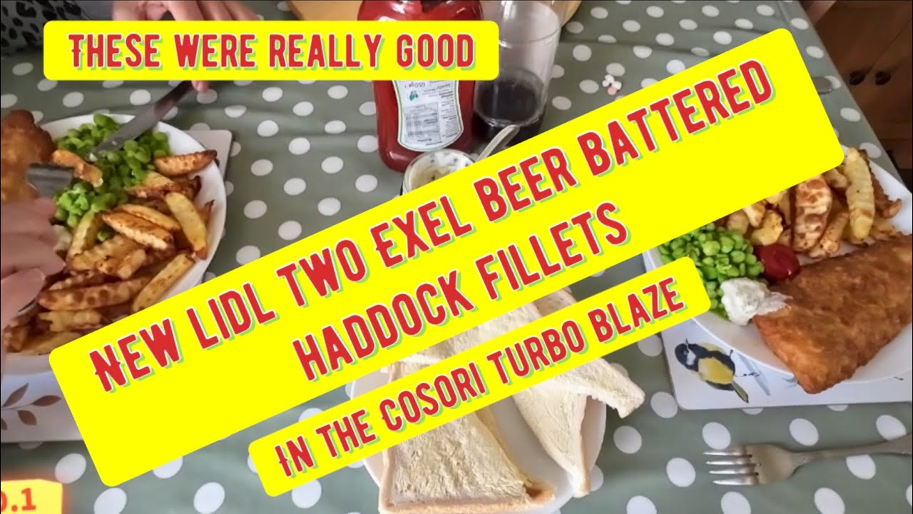 Lidl two extra large beer battered haddock fillets cooked in the Cosori ...