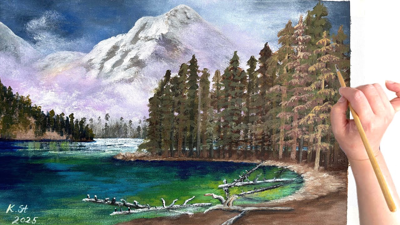How to draw Forest &Dead trees beside Emerald lake/Beautiful landscape ...