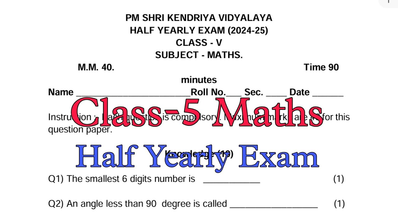 Class-5 Maths Half Yearly Exam Question Paper / Term-1 Session 2024-25 ...