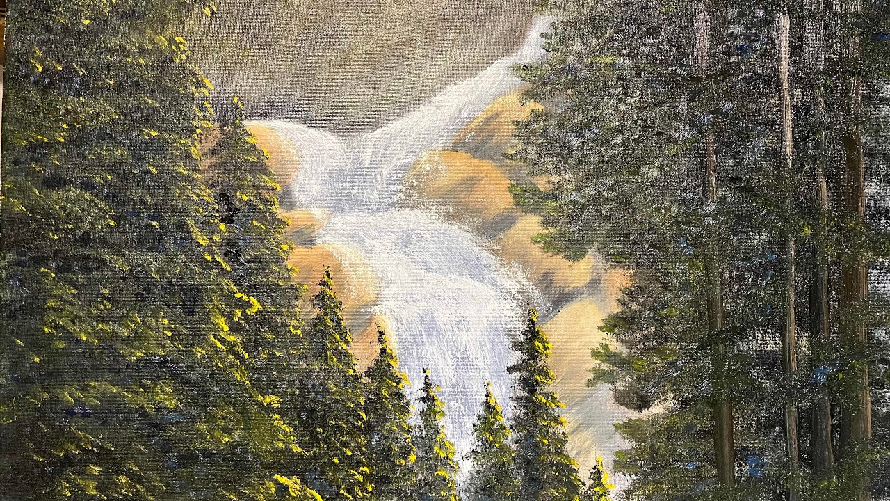 Time lapse-oil painting tutorial-waterfall and pine trees - YouTube