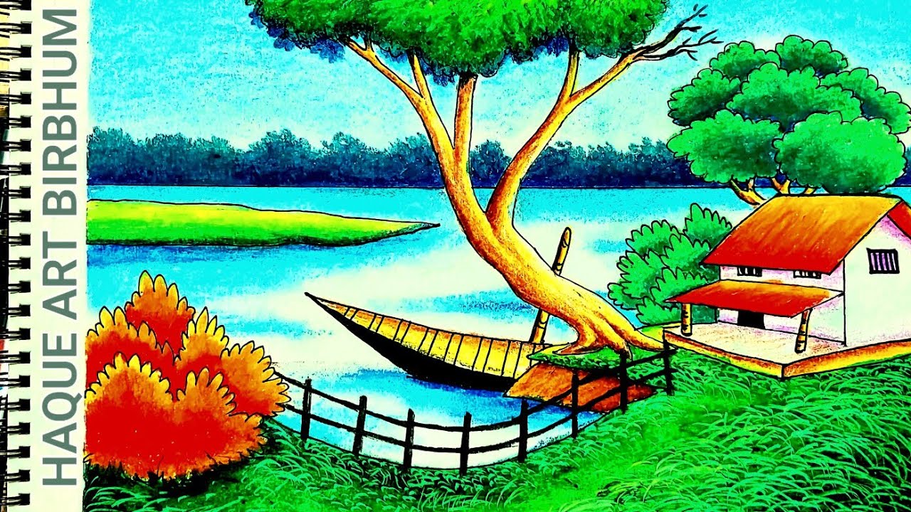 How to draw River side Village Scenery | Step by step with Oilpastel ...