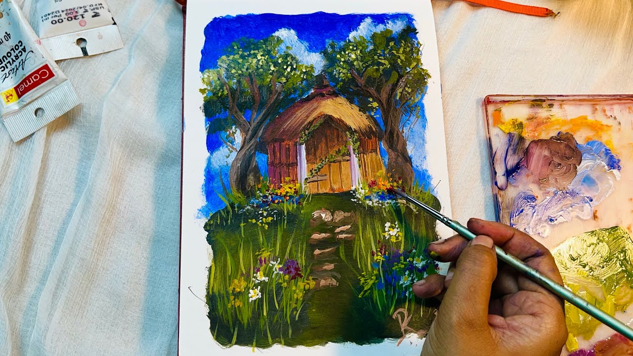 🛖how to draw a hut in forest🌳 Acrylic Landscape painting for beginners🌳 ...