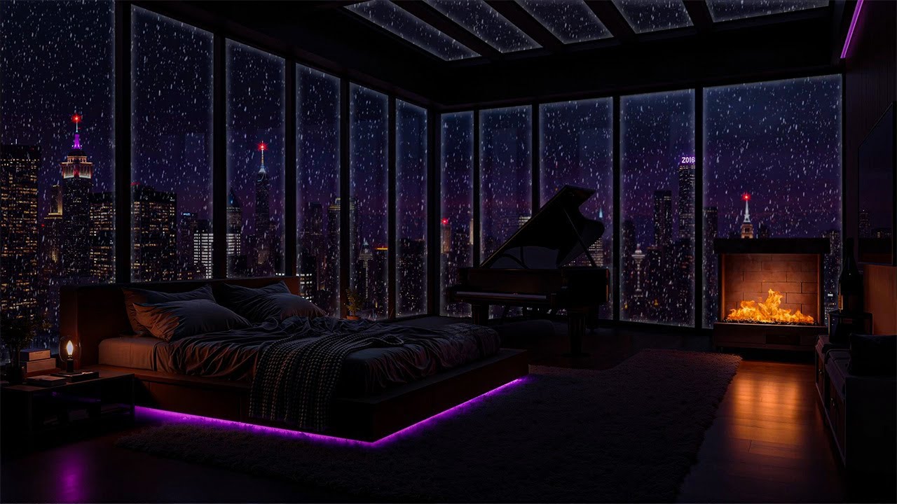 Winter Night in a Luxury City Bedroom ️ | Cozy Fireplace, Wind & Piano ...